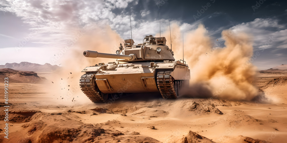 armoured tank crosses a mine field during war invasion epic scene of ...