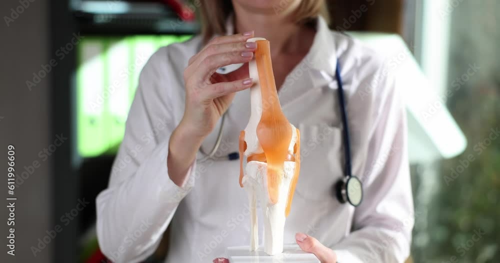 Traumatologist shows anatomy of ligament and muscle on artificial model ...