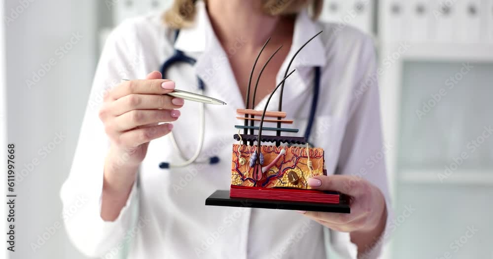 Doctor cosmetologist explains anatomy of structure of skin. Causes of ...