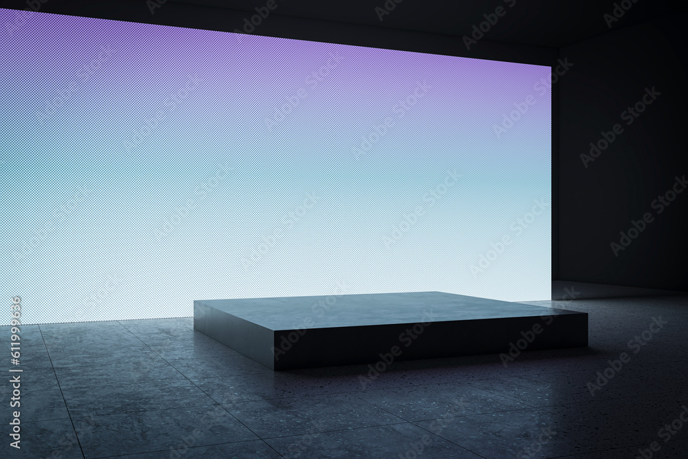 Perspective view of blank blue digital screen wall and concrete floor ...