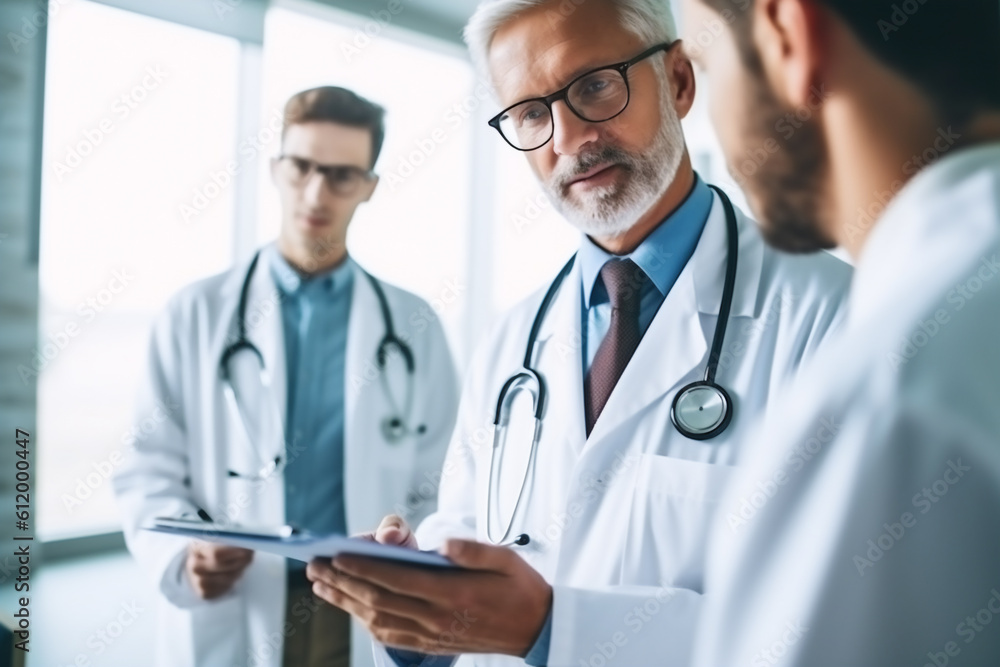 Doctor explain health check document of male patient in medical clinic ...