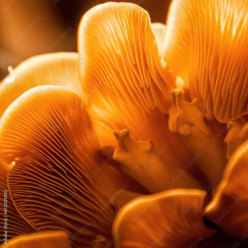 Macro image of a Sajor-caju mushroom, capturing the intricate and ...