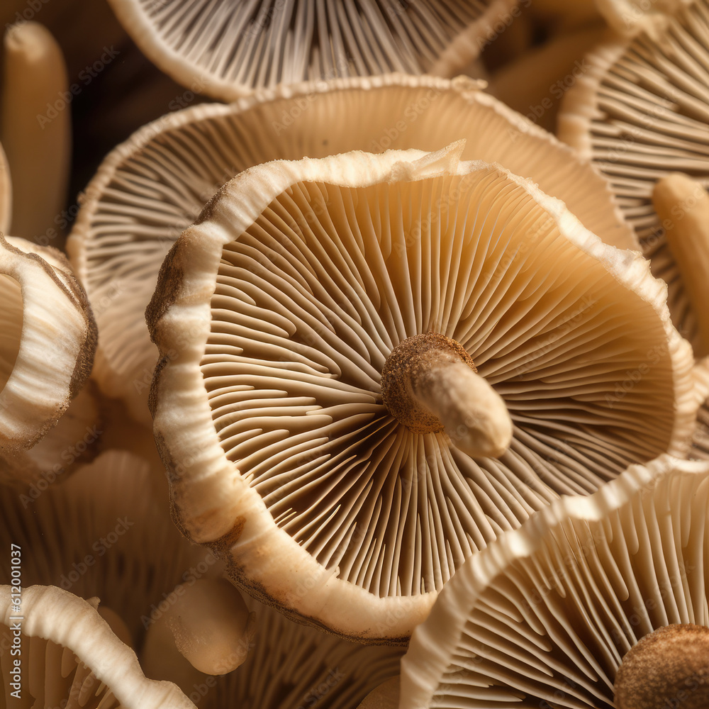 Macro image of a Sajor-caju mushroom, capturing the intricate and ...