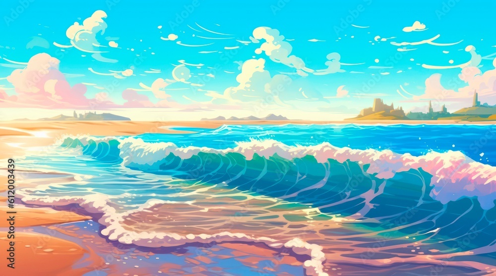 Photo & Art Print Ocean waves washing the sand beach, cartoon illustration, Hanna