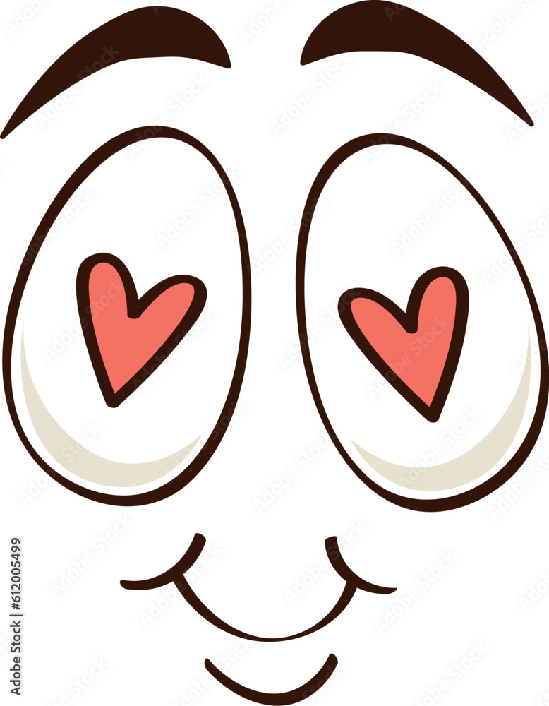 Cartoon face. Cute character with heart in eyes, smile on lips, mascot ...
