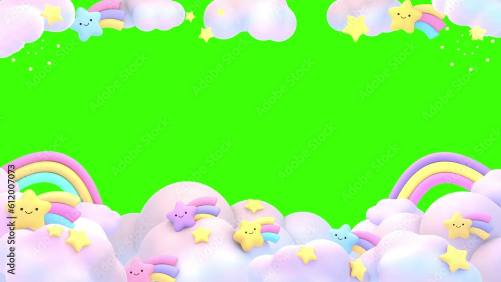 Looped kawaii stars and rainbows frame on green screen background ...