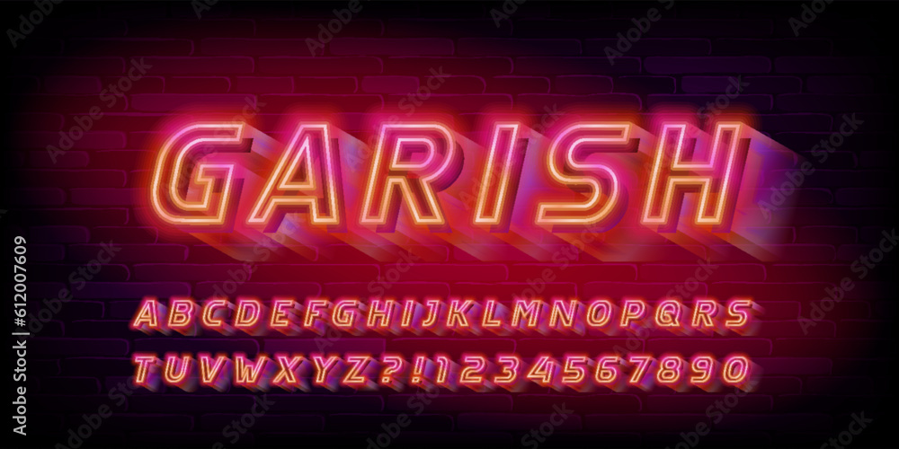 Garish alphabet font. Neon color letters and numbers. Brick wall ...
