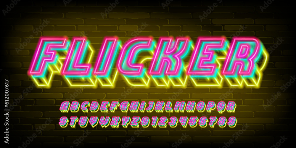 Flicker alphabet font. Neon glow 3d letters and numbers. Brick wall ...
