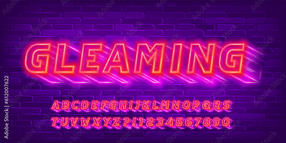 Gleaming alphabet font. Neon glow futuristic letters and numbers. Brick ...