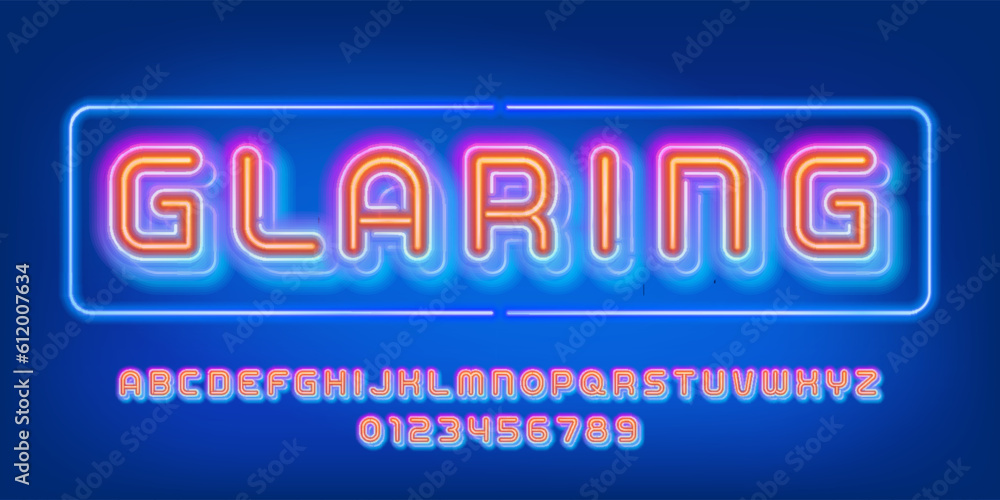 Glaring alphabet font. Bright neon color letters and numbers. Stock ...