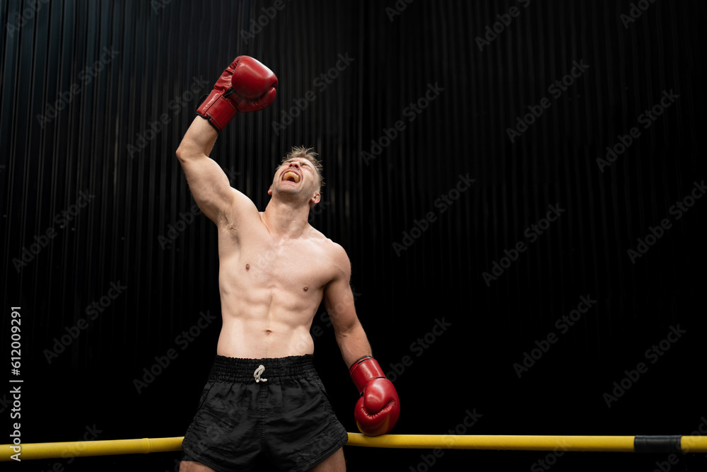 Boxer man raising his hands standing on ropes stage ring celebrate to ...