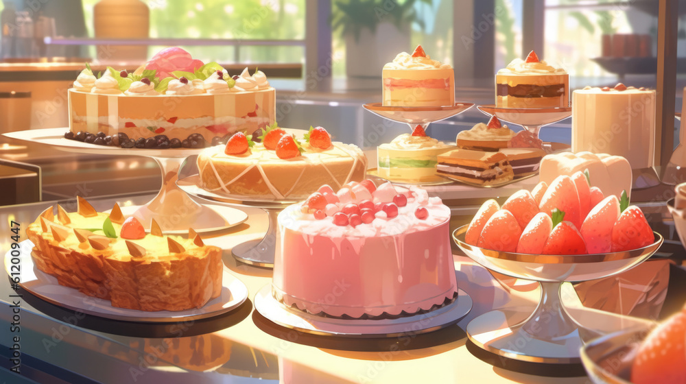 Anime Style Pastry, Cakes, Desserts, and Sweets in a Cafe. With ...