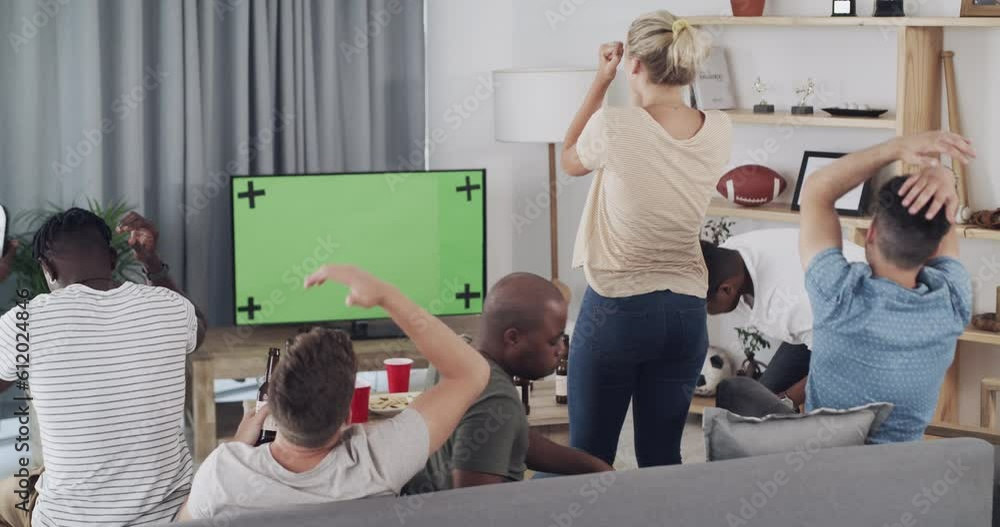 People, friends and watching tv on green screen in frustration or fail ...