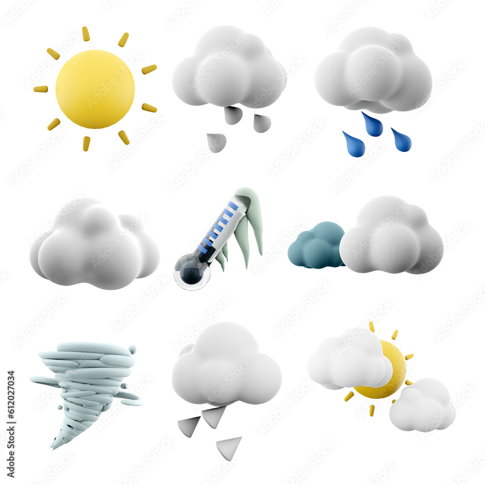 3d rendering sun with rays, hail, rain, cloud, frozen thermometer ...