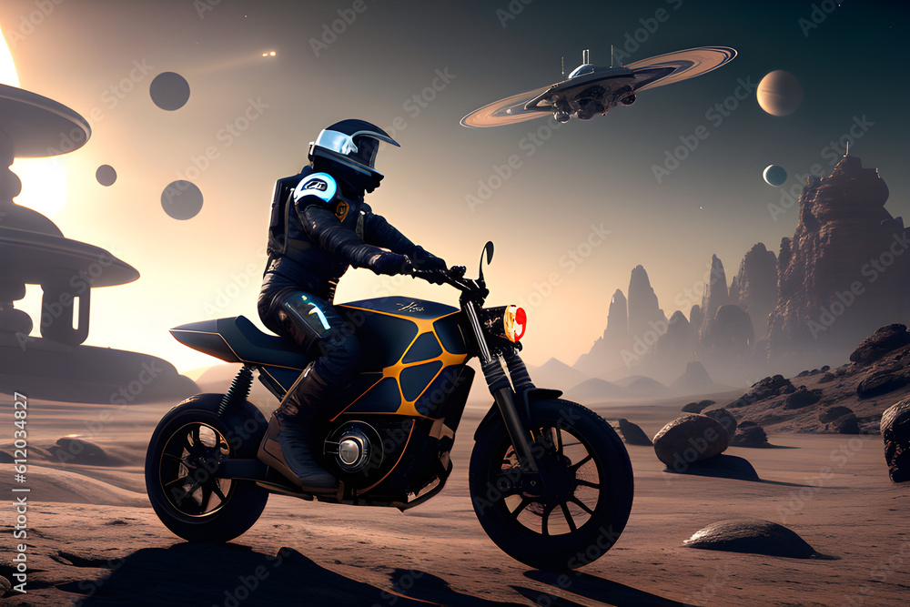 Adventurous man exploring an alien planet on a bike, discovering new ...