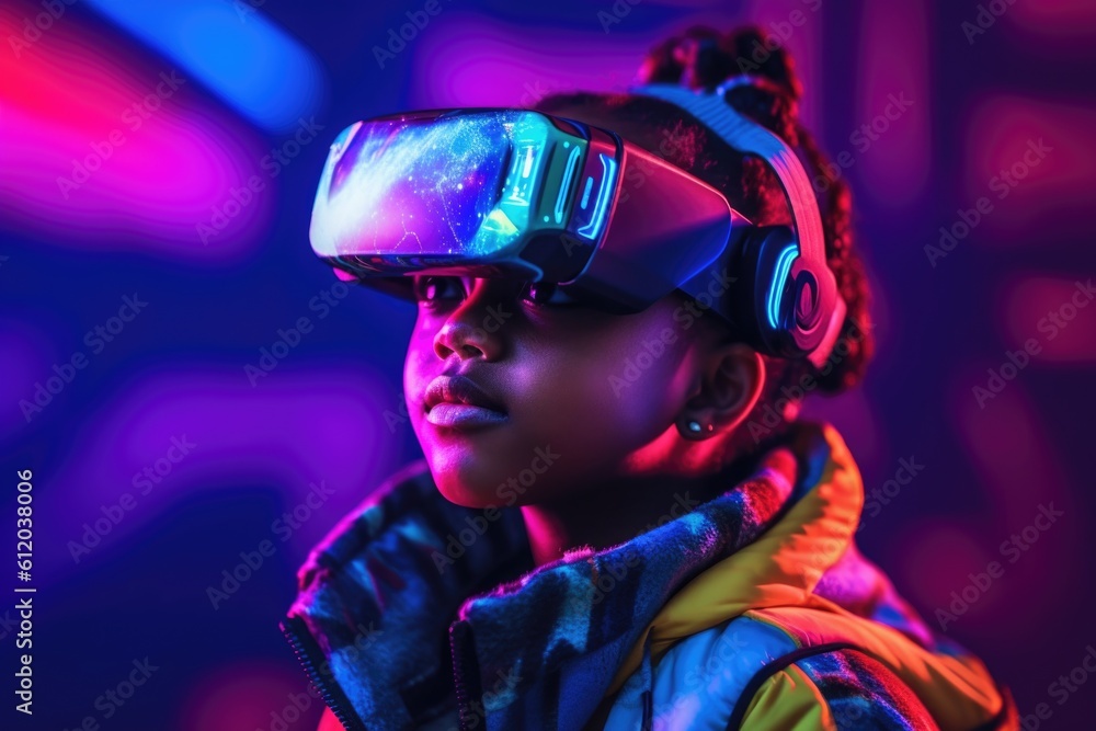 Portrait of African-American child wearing virtual reality headset ...