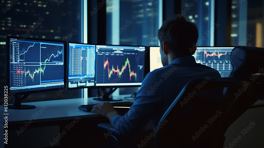 Stock Trader Man Using Multiple Monitors while working at night. Back view.Created with ...