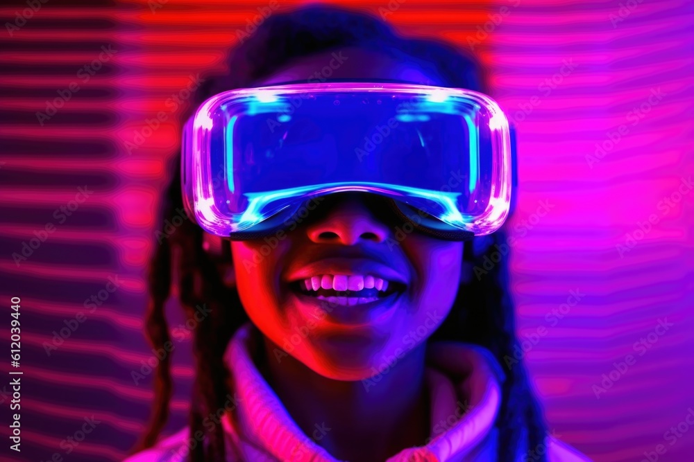 Portrait of African-American child wearing virtual reality headset ...