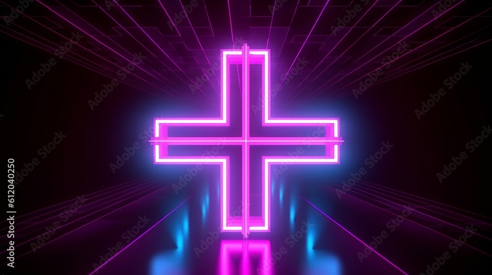 3d render, abstract neon background, glowing pink blue led light, plus ...