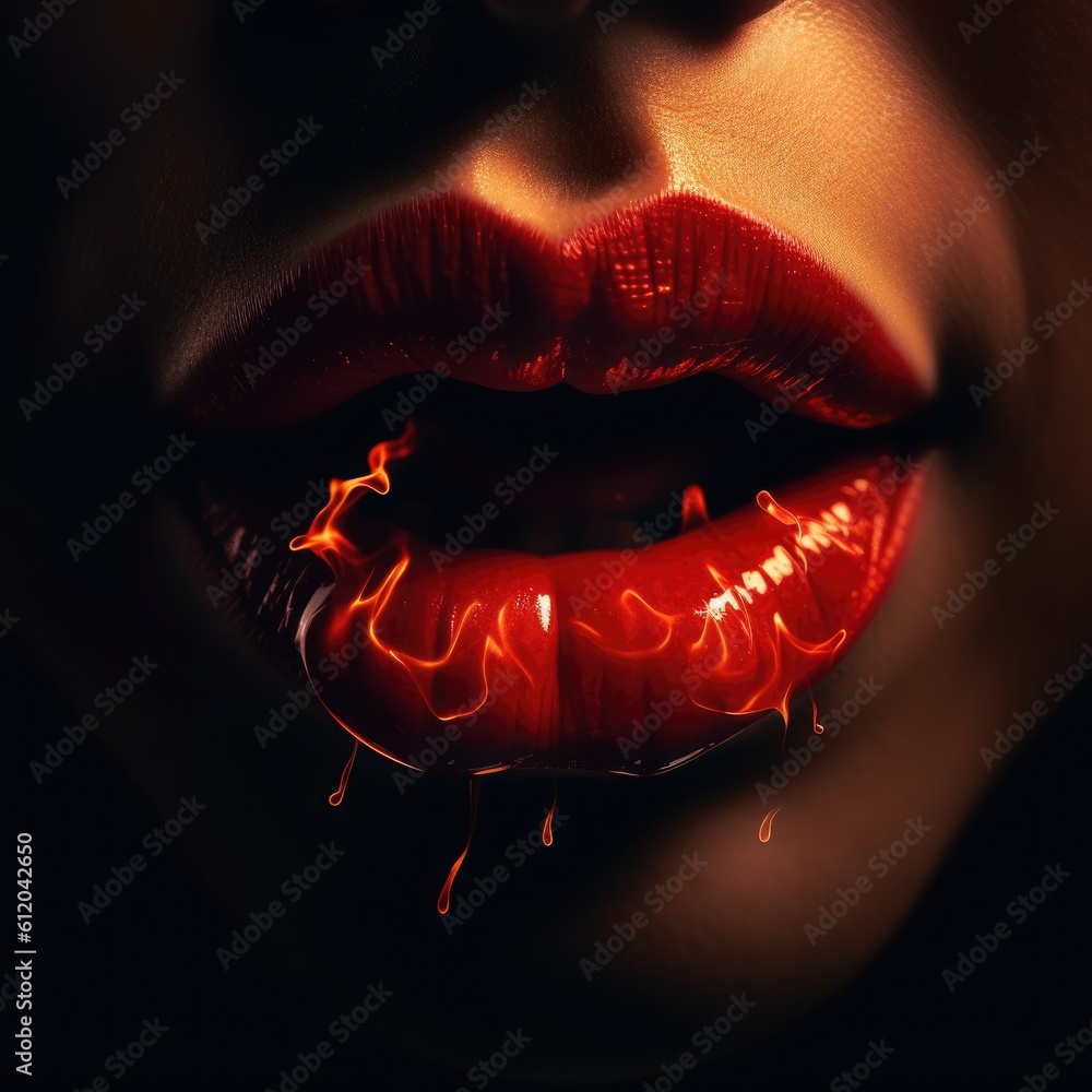 Sexual red lips with fire flame isolated on black background.Hot kiss.A ...