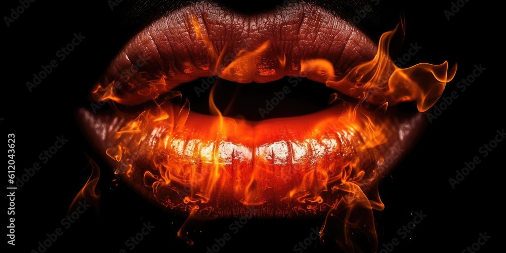 Sexual red lips with fire flame isolated on black background.Hot kiss.A ...