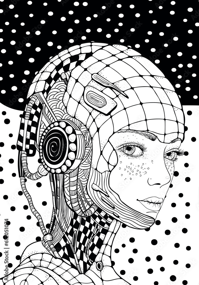 Cute robot girl. Zentangle background. Black and white doodle coloring ...