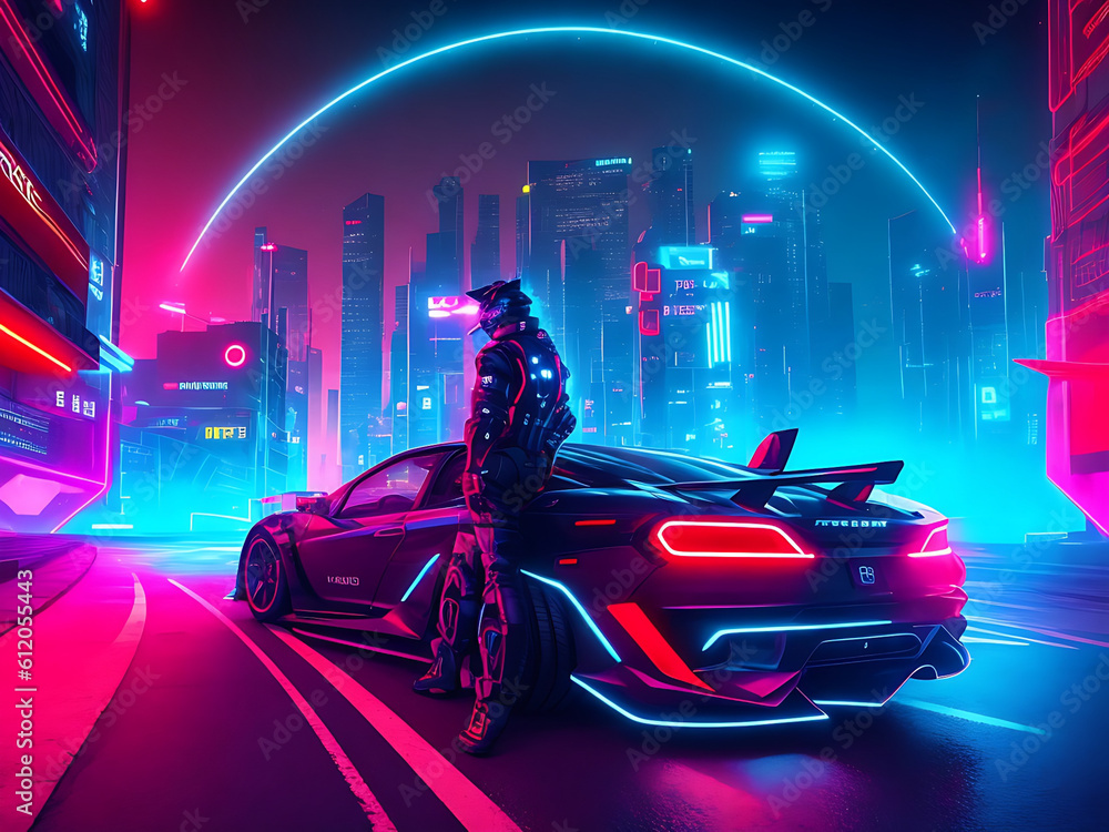 Car and city in neon cyberpunk style.Retro futuristic car drive through ...