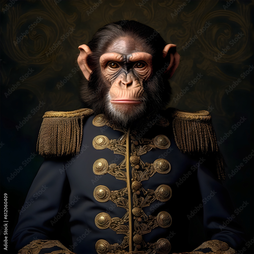 Realistic lifelike chimpanzee in renaissance regal medieval noble royal ...