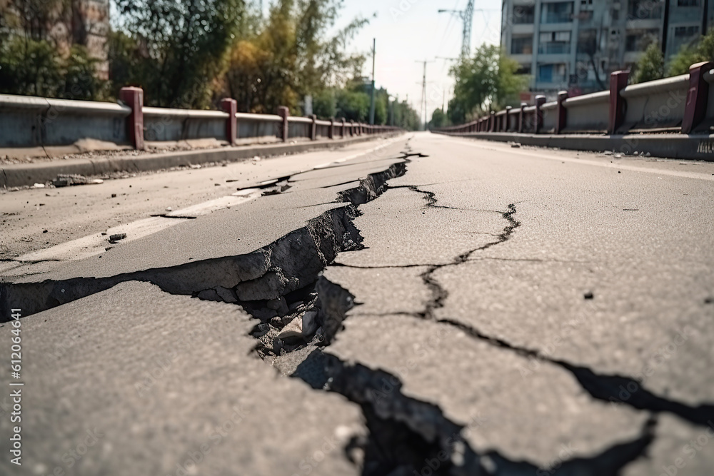 Asphalt road with long crack, earthquake effect causes ground to ...
