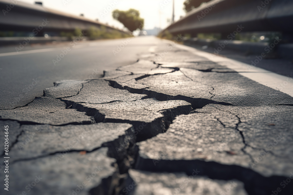 Asphalt road with long crack, earthquake effect causes ground to ...