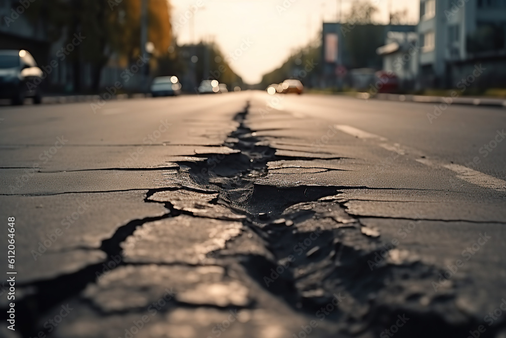 Illustrazione Stock Asphalt road with long crack, earthquake effect ...