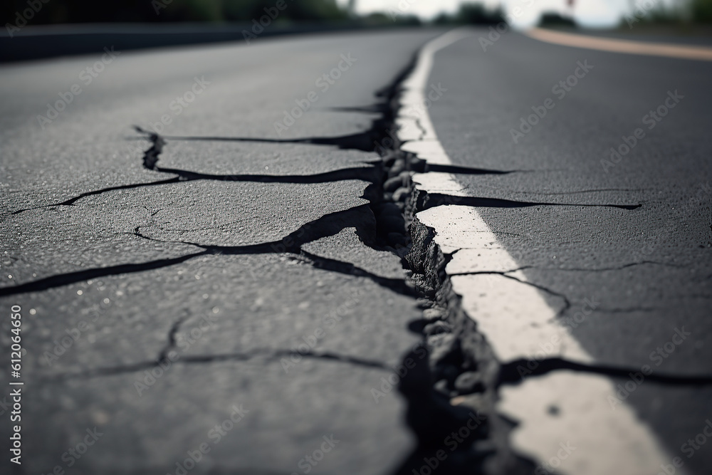 Asphalt road with long crack, earthquake effect causes ground to ...