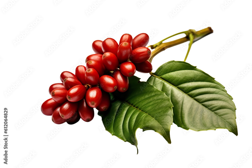 Coffee beans on a tree branch with leaves isolated on white background ...