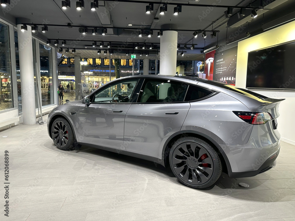 Tesla car model Y in liquid silver dubbed Mercury Silver Metallic color ...
