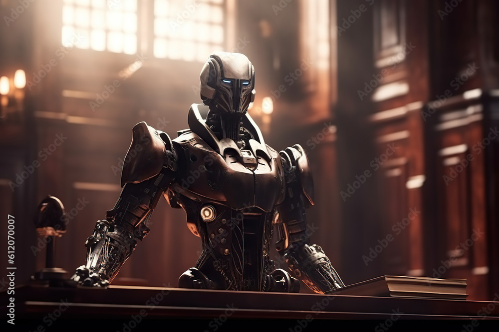 AI judge, futuristic robot replacing human in court, automatic justice ...