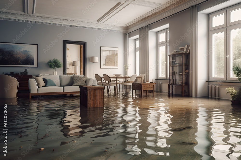 Flood in apartment, water all over the room. Generative AI Stock ...