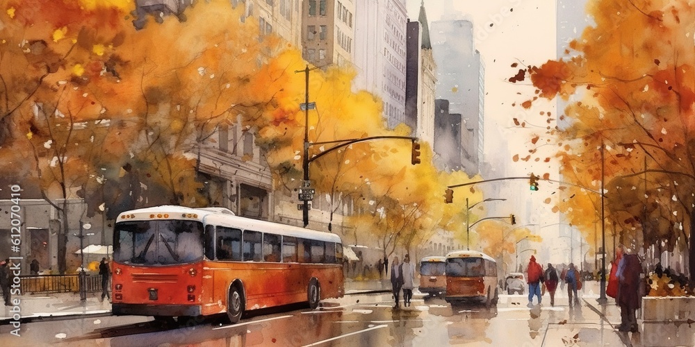 Autumn in new york: beautiful street scene with fall colors, watercolor ...
