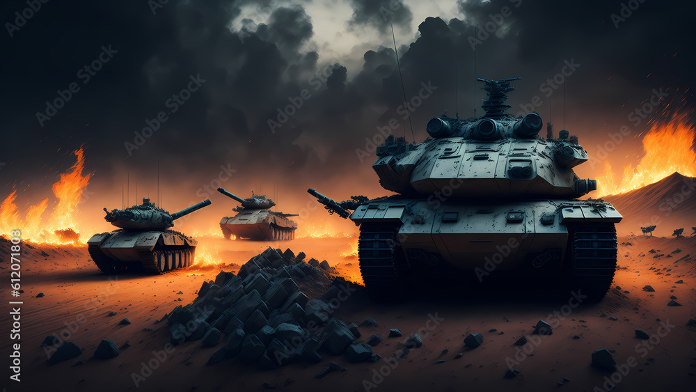 armored tank crosses a minefield during a war invasion epic scene of ...