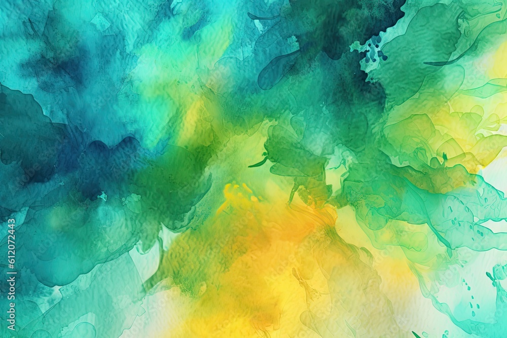 Green Flow. Rainbow Watercolor Textured Background with Bright Yellow, Blue and Green Brush ...