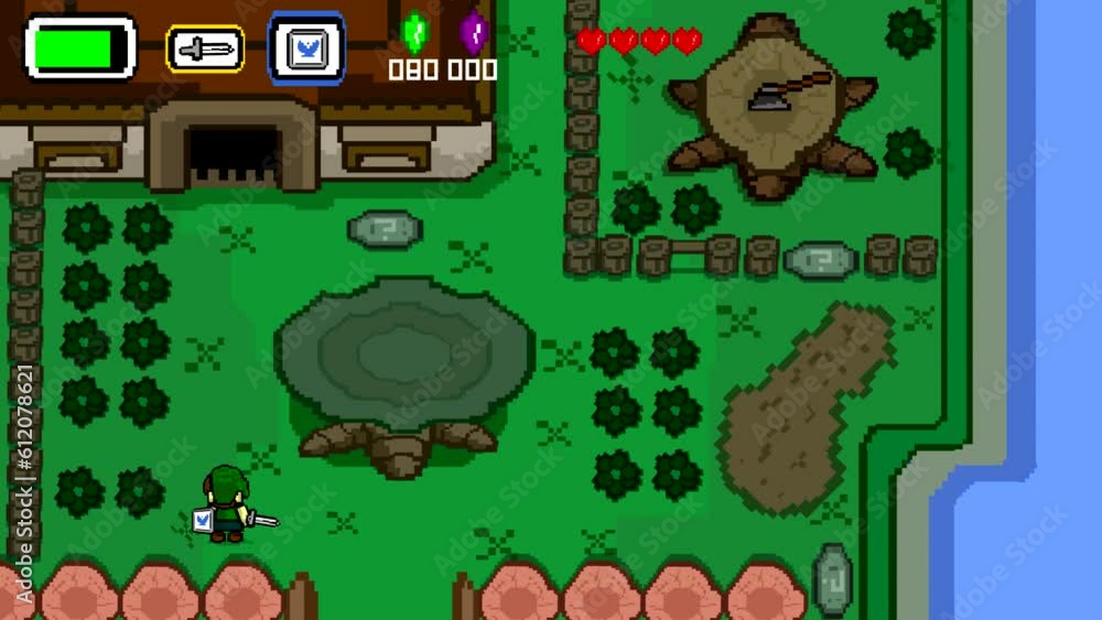 Animation of a 16-bit old style game with a boy in a green hat with a ...