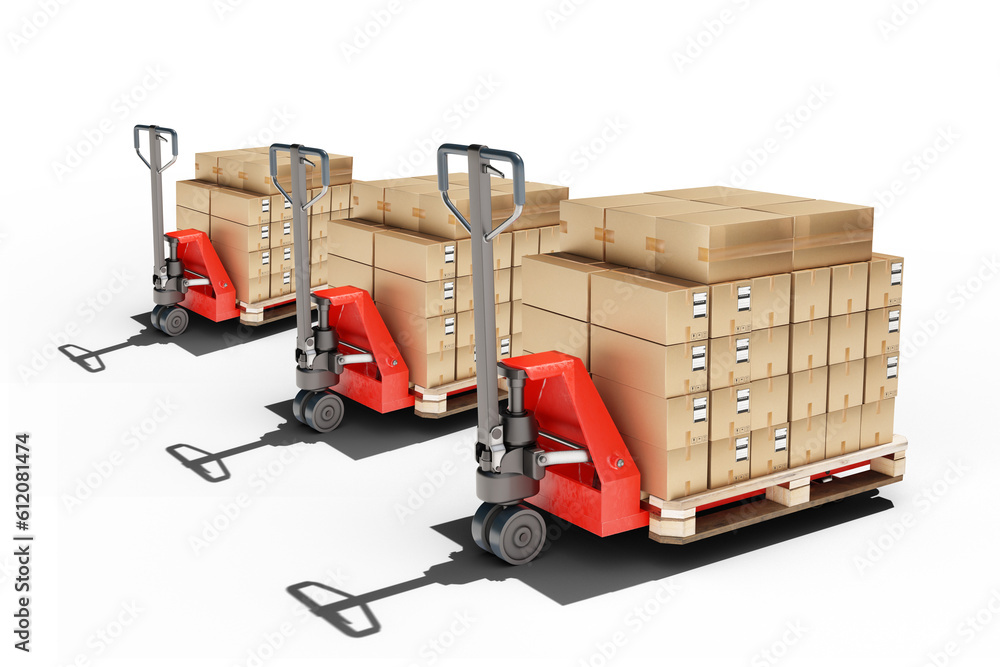 Pallet jack. Cardboard parcels. Mechanical warehouse equipment ...