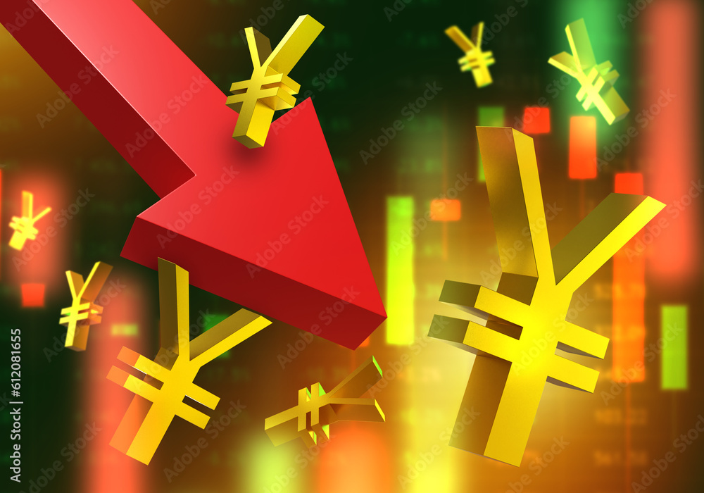 Fall of yuan currency. Inflation and crisis in China. Red arrow near ...