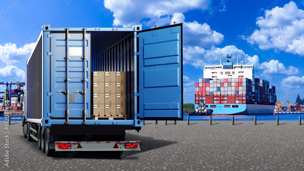 Truck in harbor. Open container with boxes. Sea harbor. Place for ...