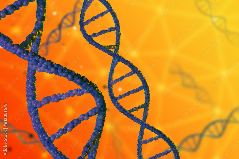 Helix DNA. Genetic threads. Scientific background. DNA chain on orange ...