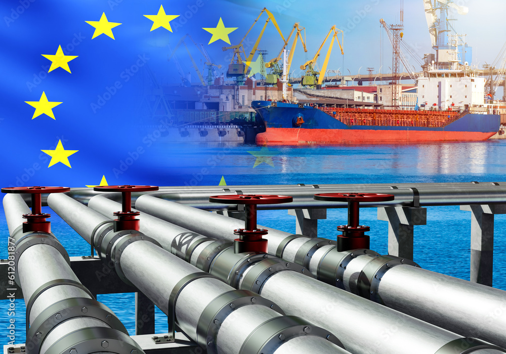 Import of gas to EU. Pipes in port. Flag of European union. Pipeline ...