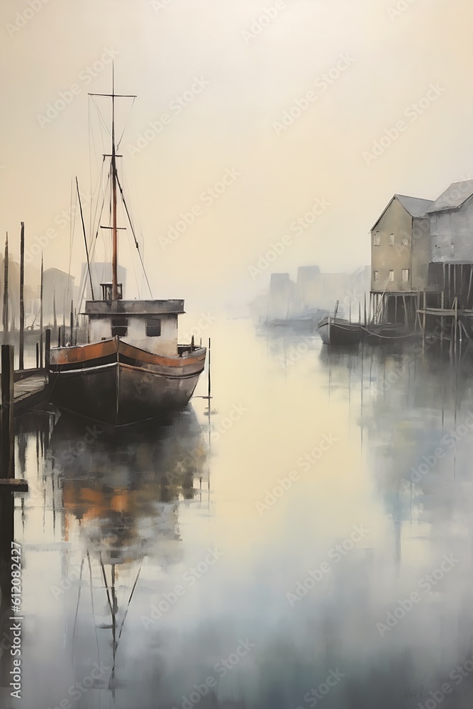 boat docked harbor foggy sky misty alleyways soft bill gallery houses ...