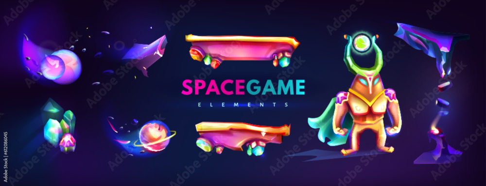 Cartoon cosmic game graphic elements for computer or mobile gui design ...