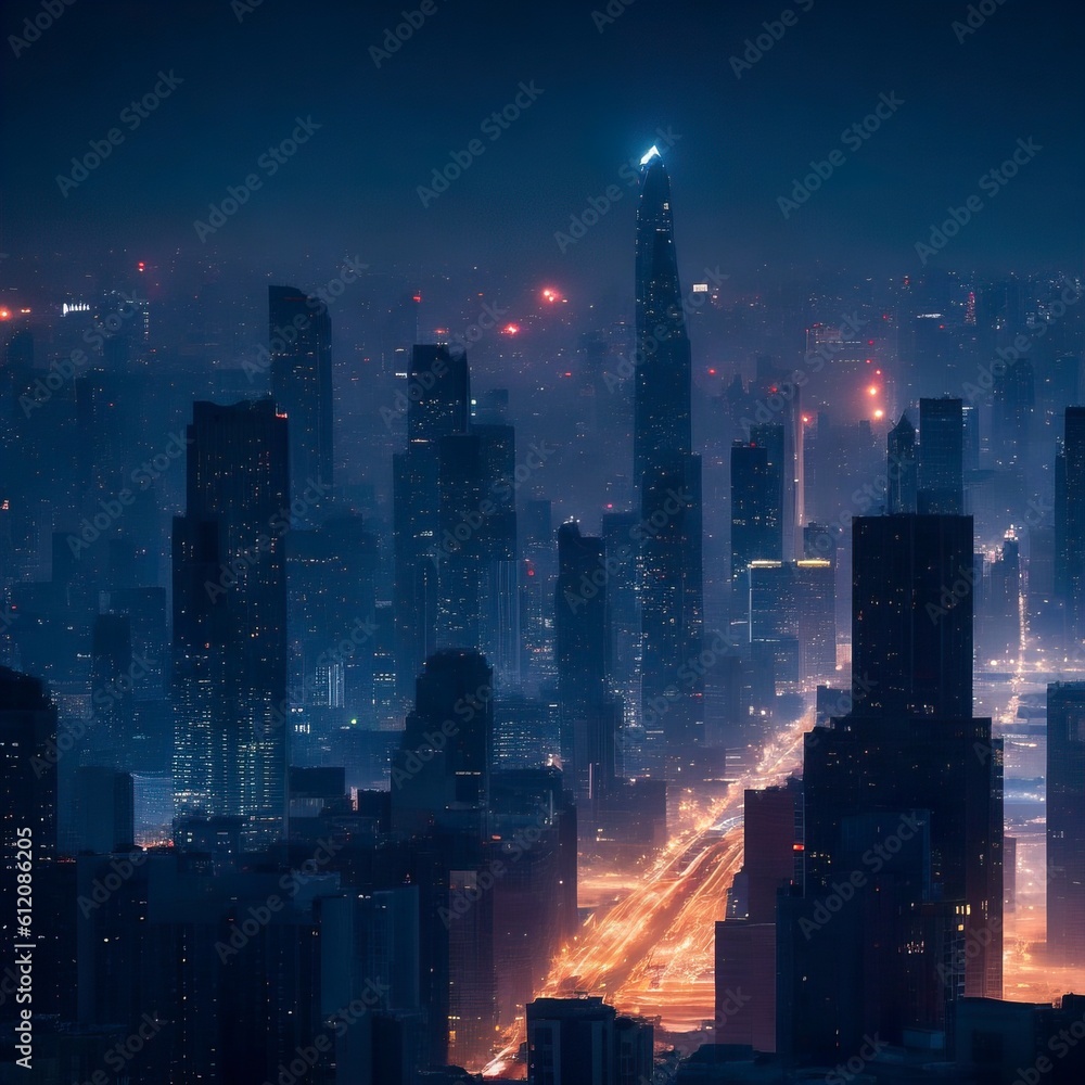 Cityscape at night, with skyscrapers illuminating the skyline like ...
