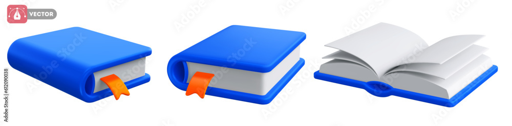 Book icon set. Paper books with a bookmark and blue covers, isolated on ...