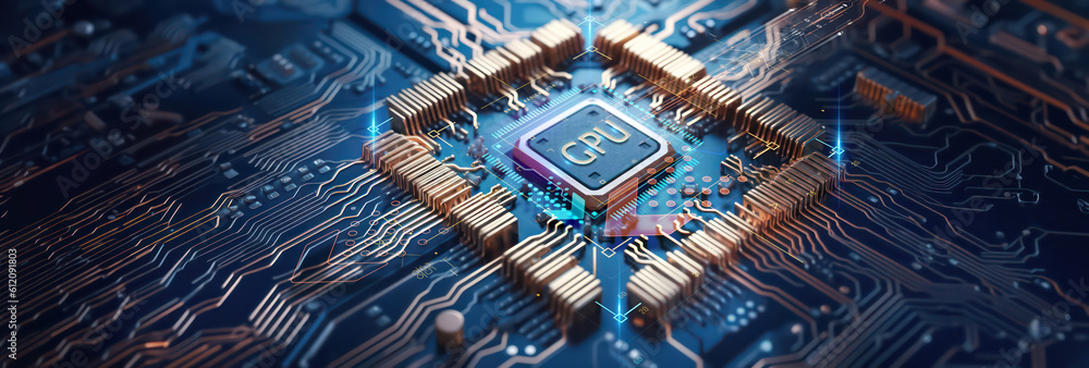 closeup on an advanced GPU ram microchip or cpu of a powerful computer board for artificial ...